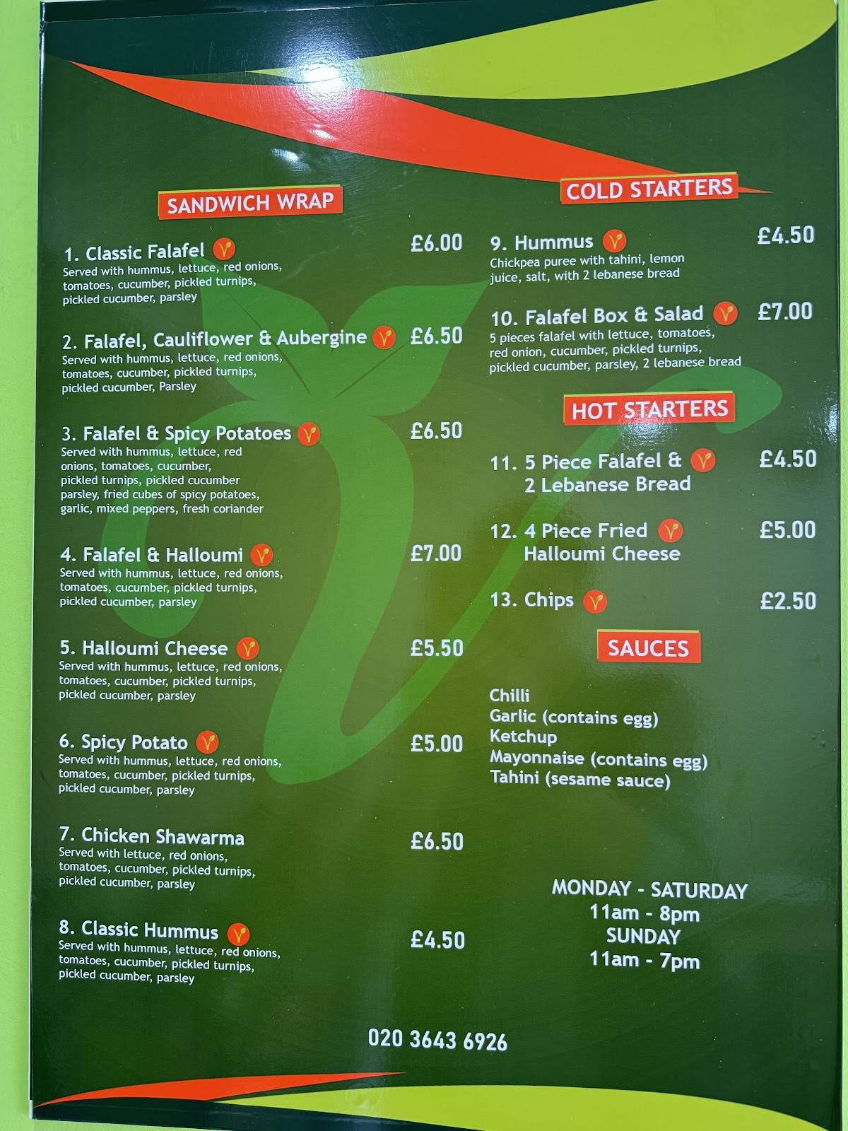 Menu at Falafel restaurant, Edgware, 33 Station Rd