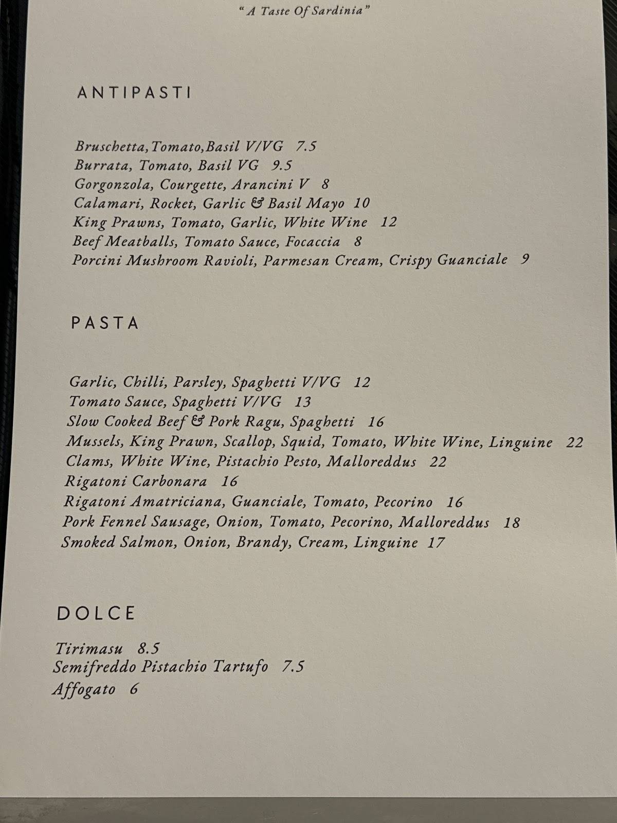 Menu at Pomodoro restaurant, Falmouth