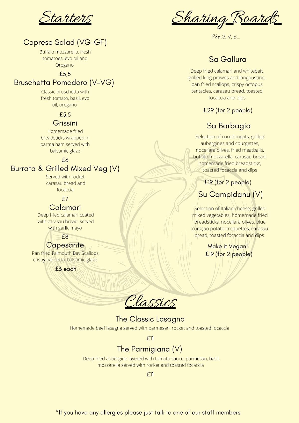 Menu at Pomodoro restaurant, Falmouth