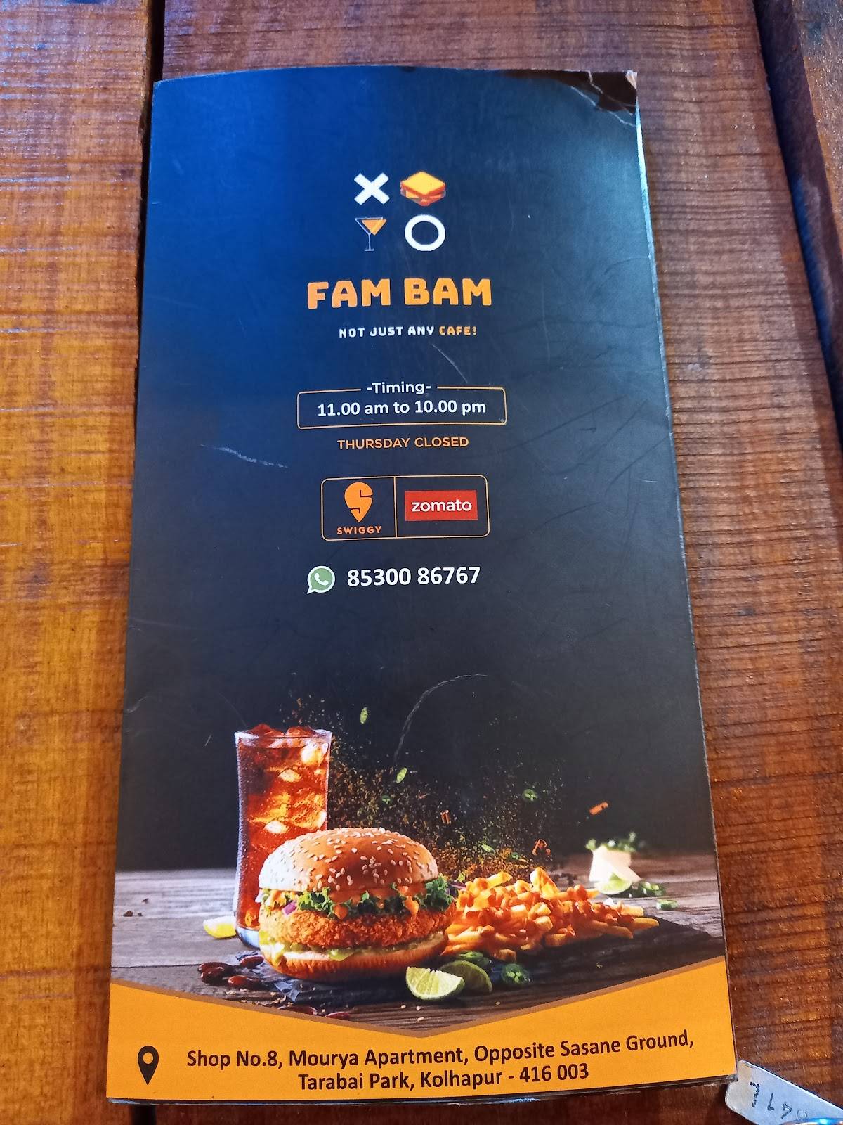 Menu at Fam Bam Cafe, Tarabai Park., Kolhapur