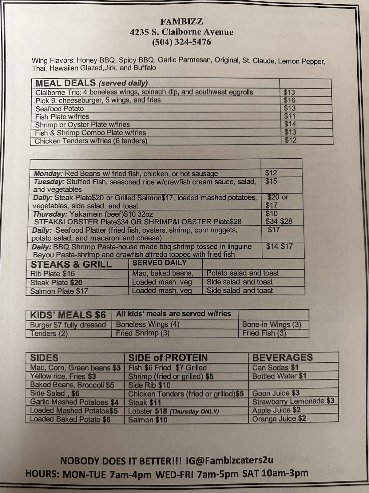 Menu at Fam Bizz restaurant, New Orleans, S Claiborne Ave