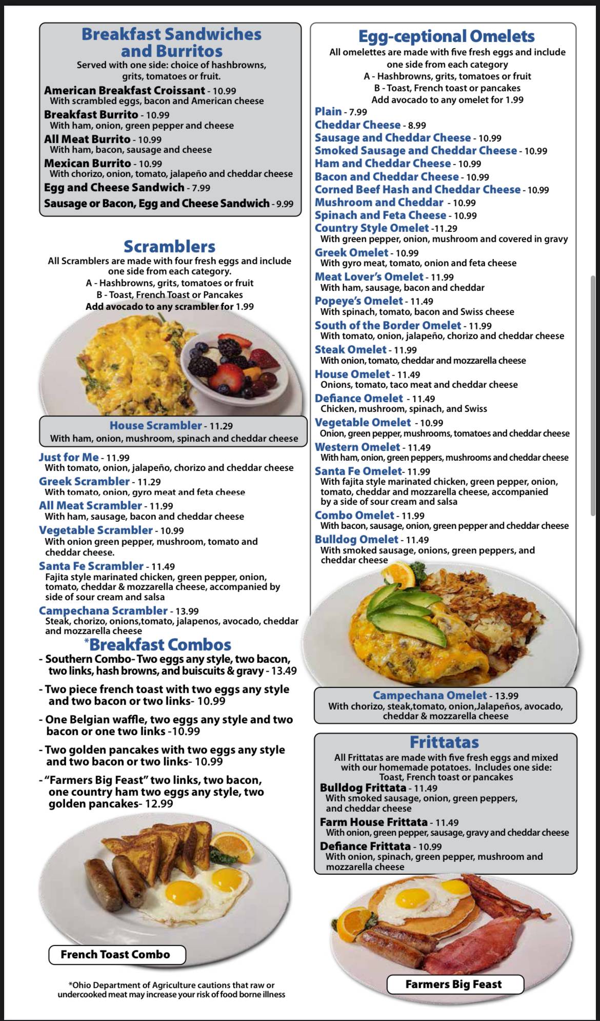 Menu at Family Pancake House restaurant, Defiance