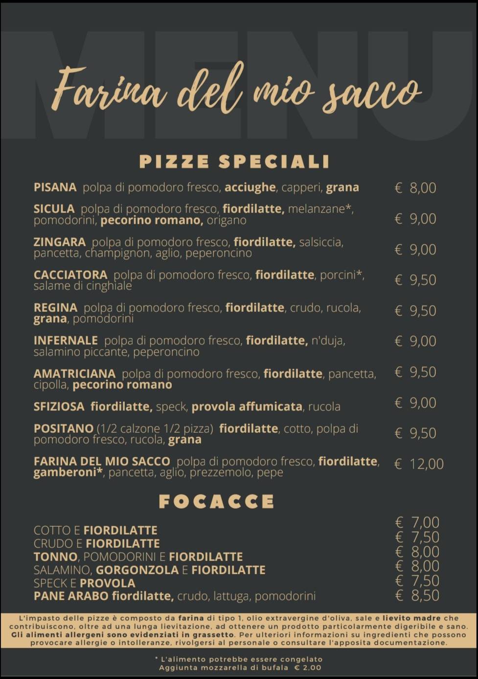 Speisekarte von Farina Del Mio Sacco restaurant, Pisa, Via la Tinta