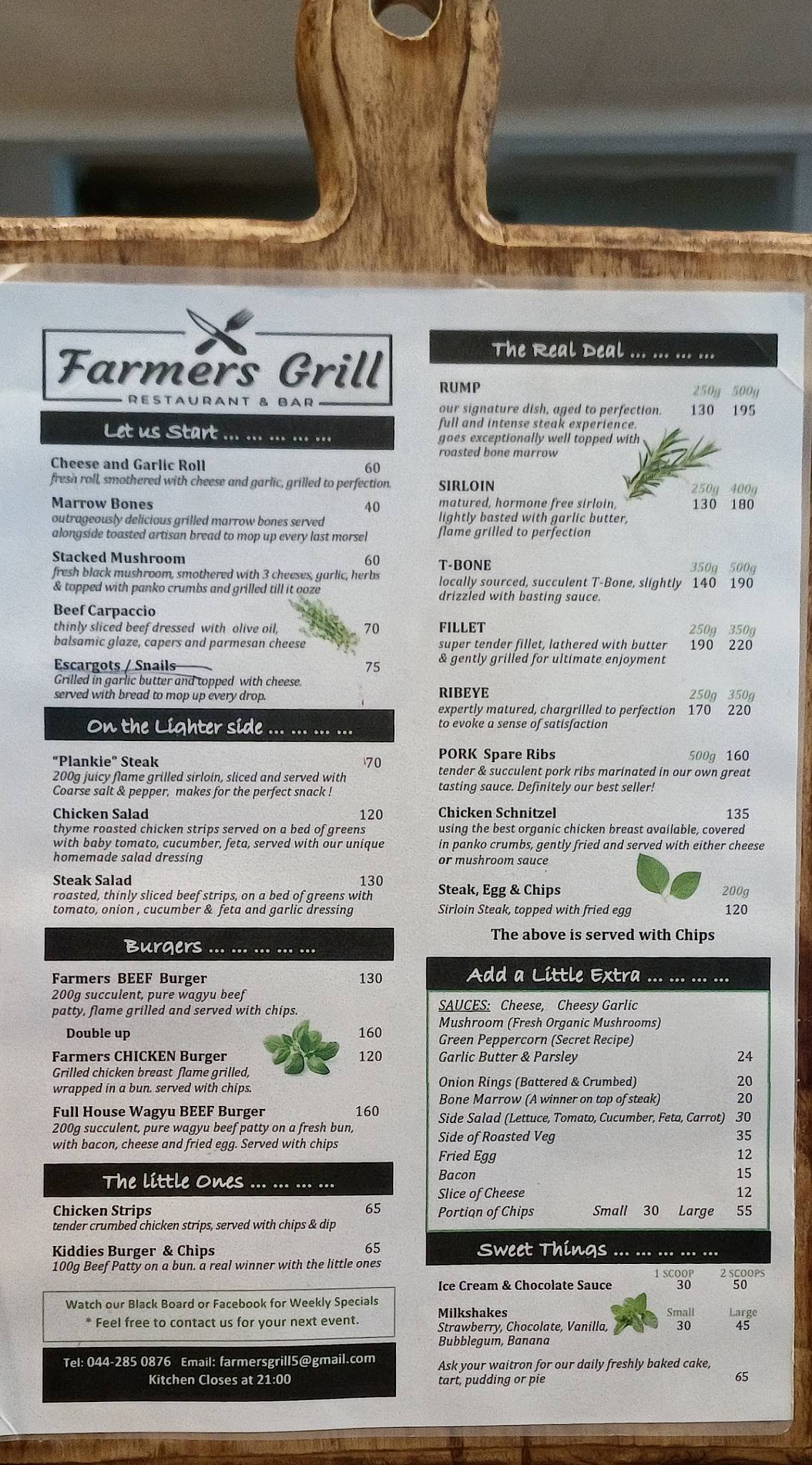 Menu at Farmers Grill restaurant, Knysna