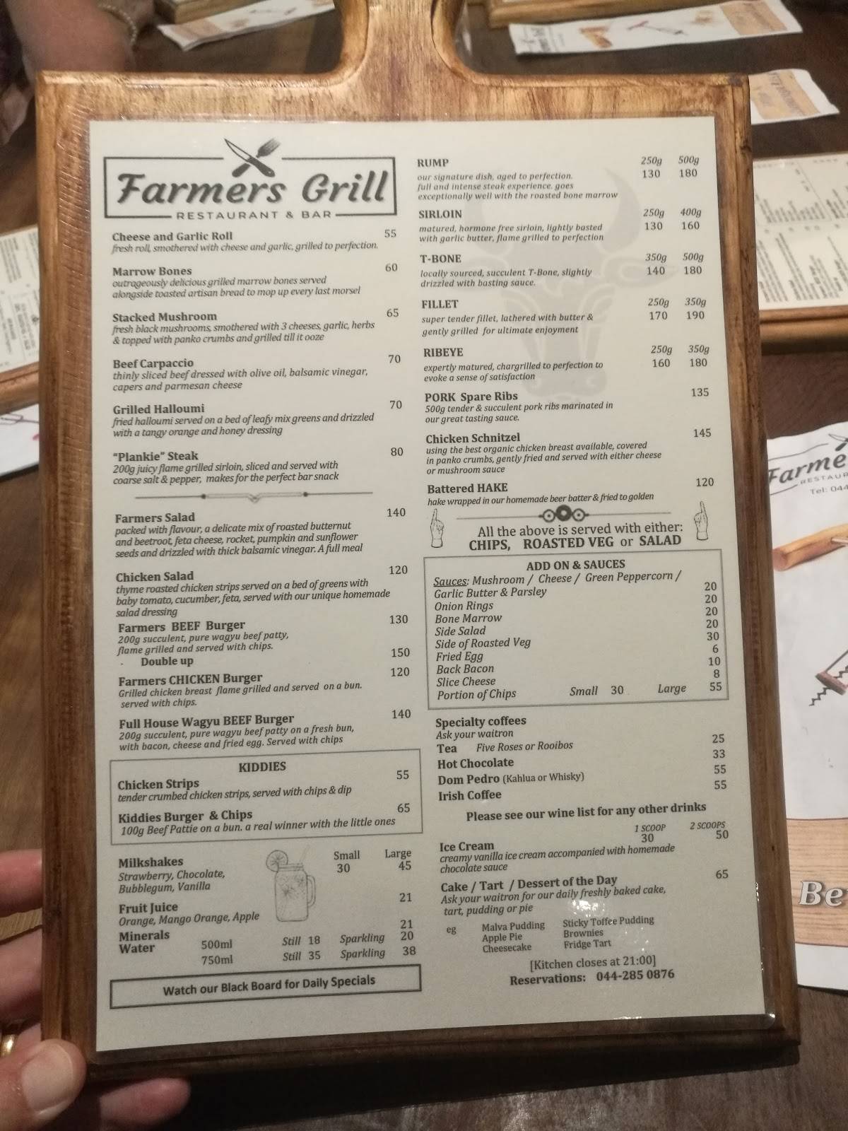 Menu at Farmers Grill restaurant, Knysna