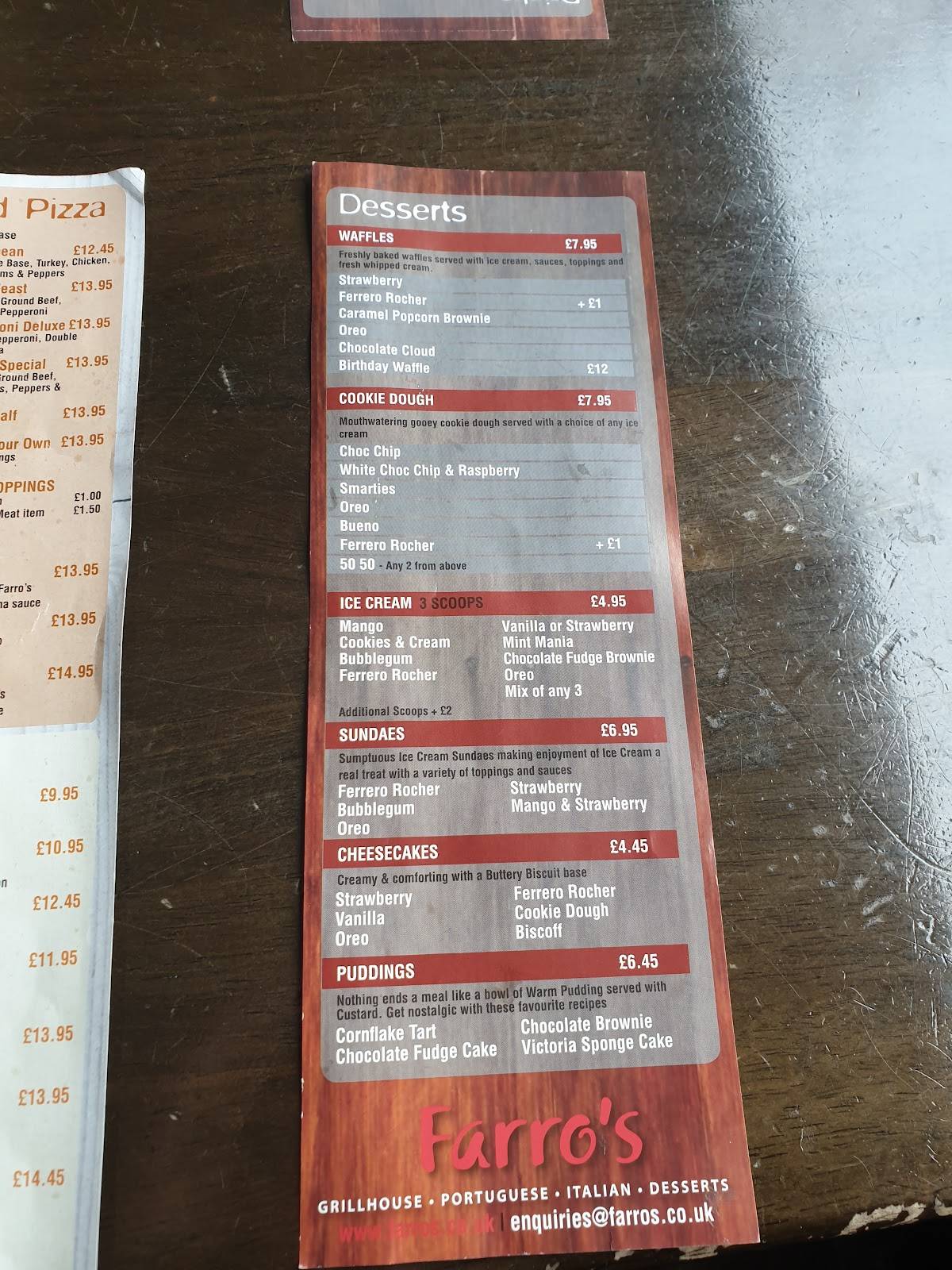Menu at Farro's Grillhouse desserts, Nottingham