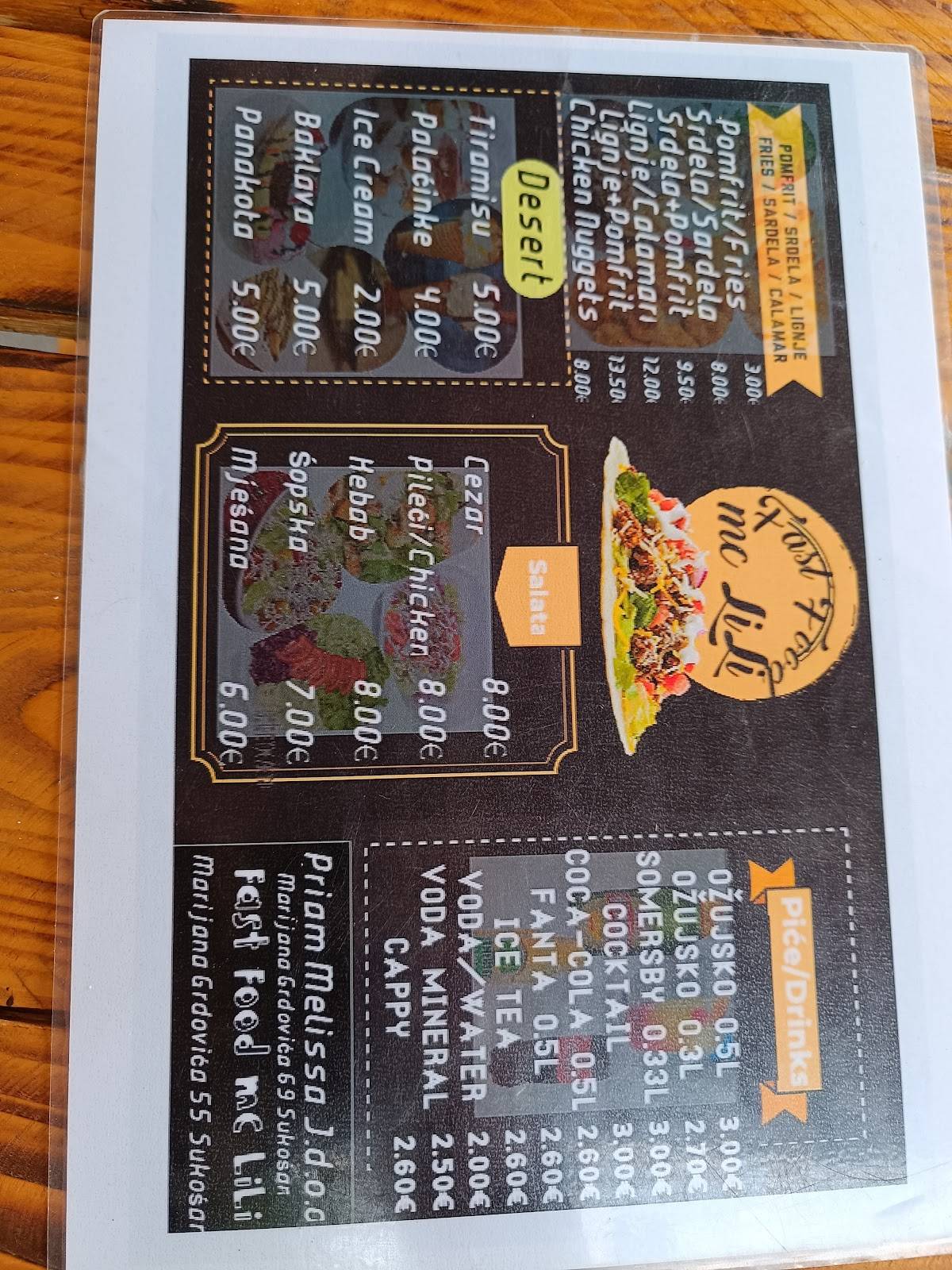 Menu au Fast Food Mc LiLi, Sukošan