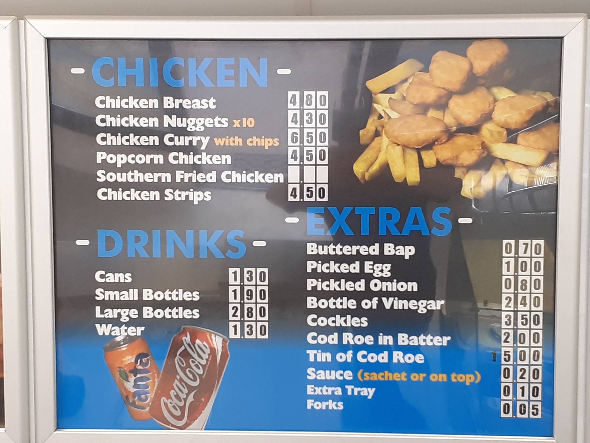 Menu at Alex's Fish Bar, Colwyn Bay
