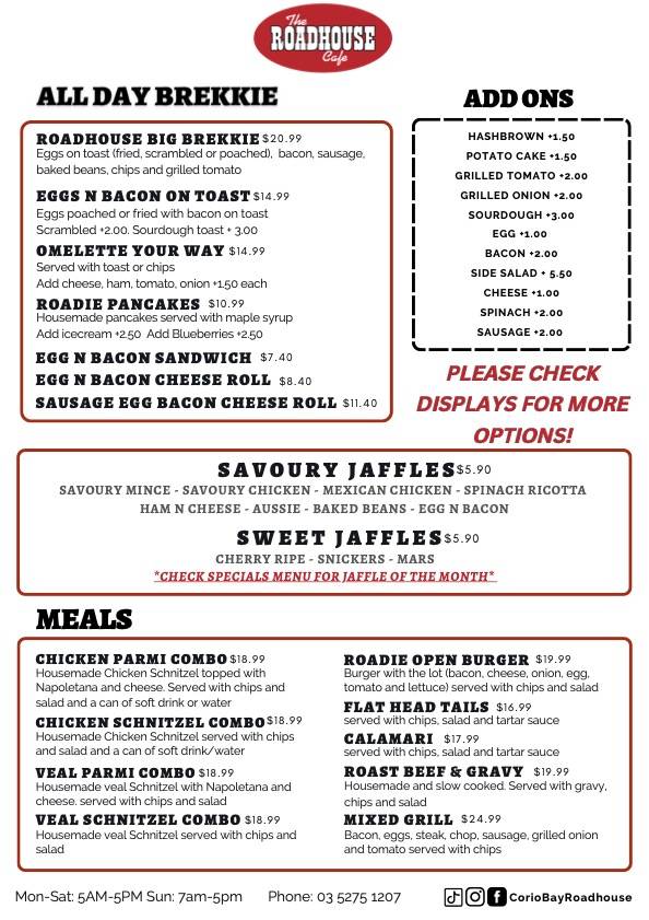 Menu at Corio Bay Roadhouse fast food, Corio, 385 Princes Hwy