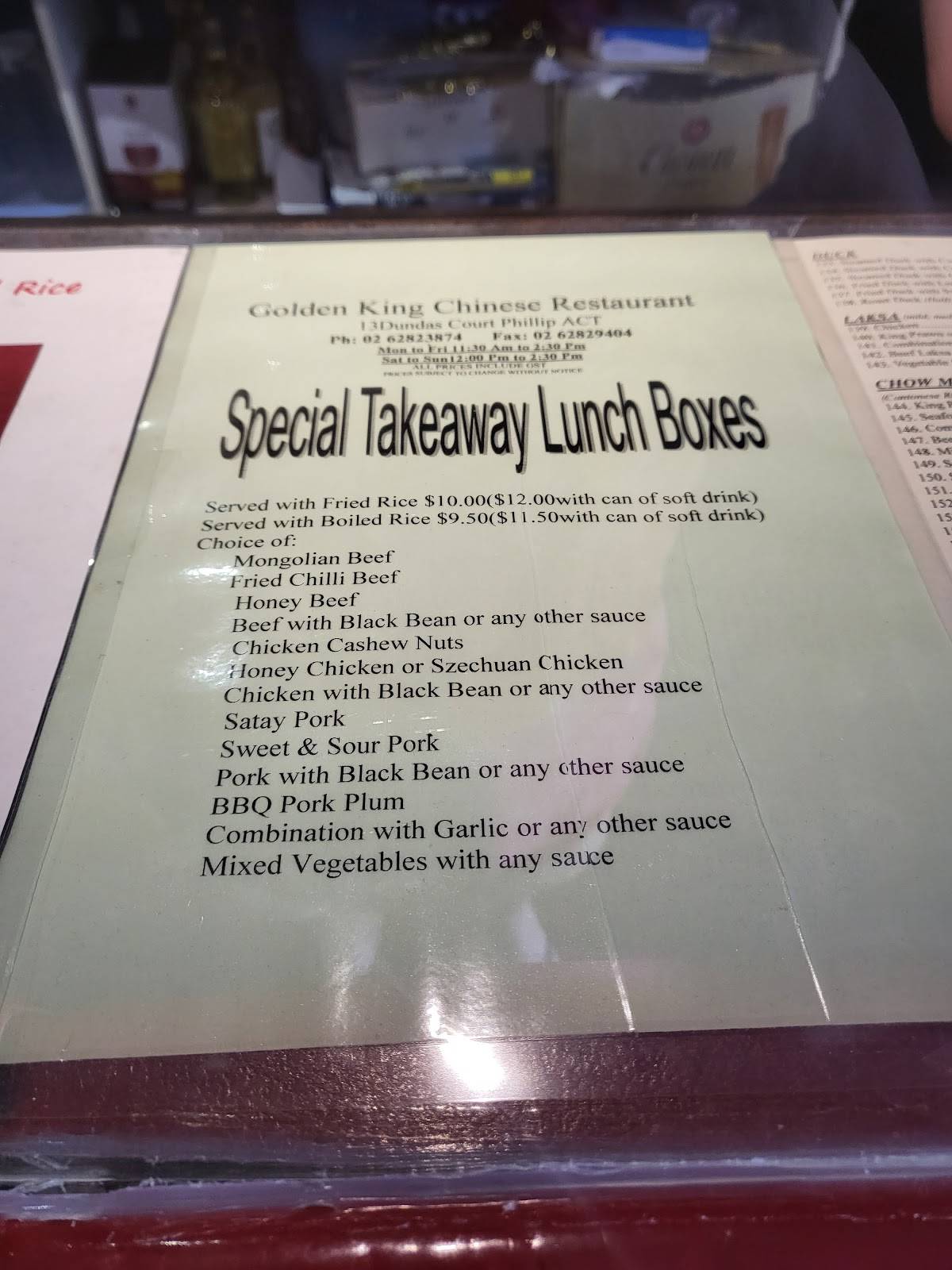 Carta de Golden King Chinese Restaurant, Phillip
