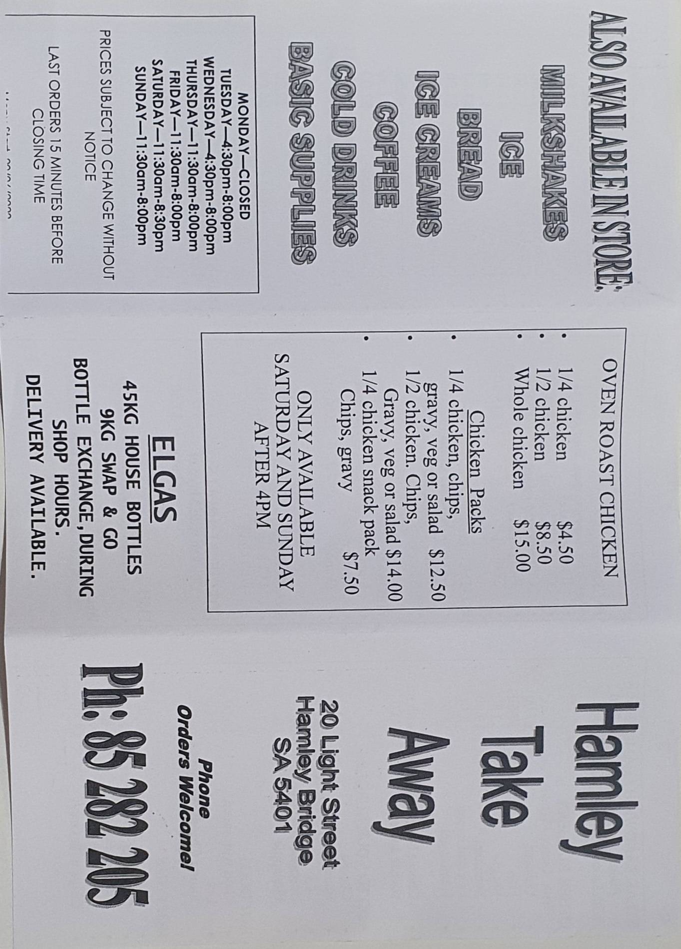 Menu at Hamley Take-Away fast food, Hamley Bridge
