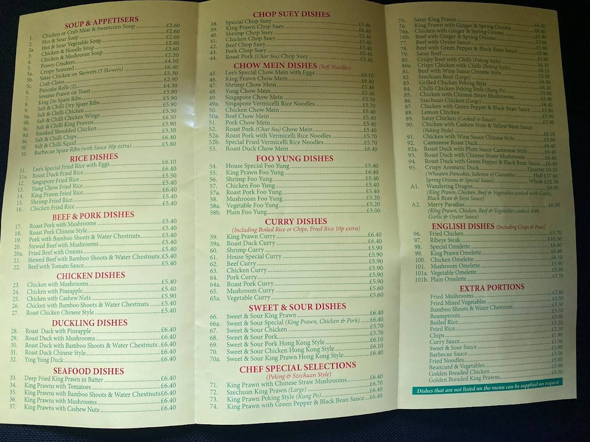 Menu at Lee's Cottage fast food, Towcester, 65 Watling St