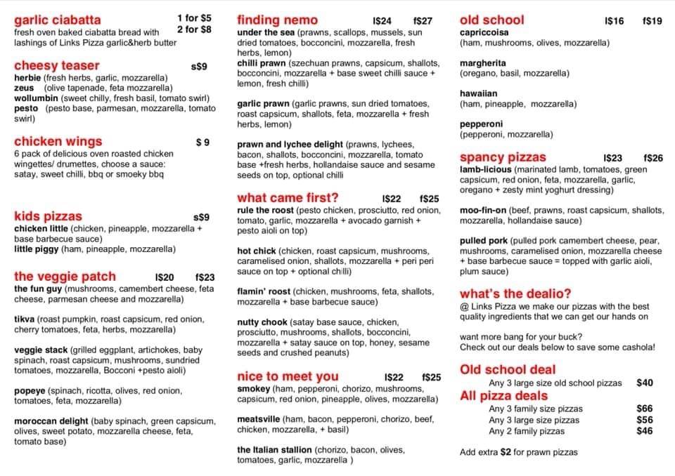 Menu at Links Pizza fast food, Murwillumbah