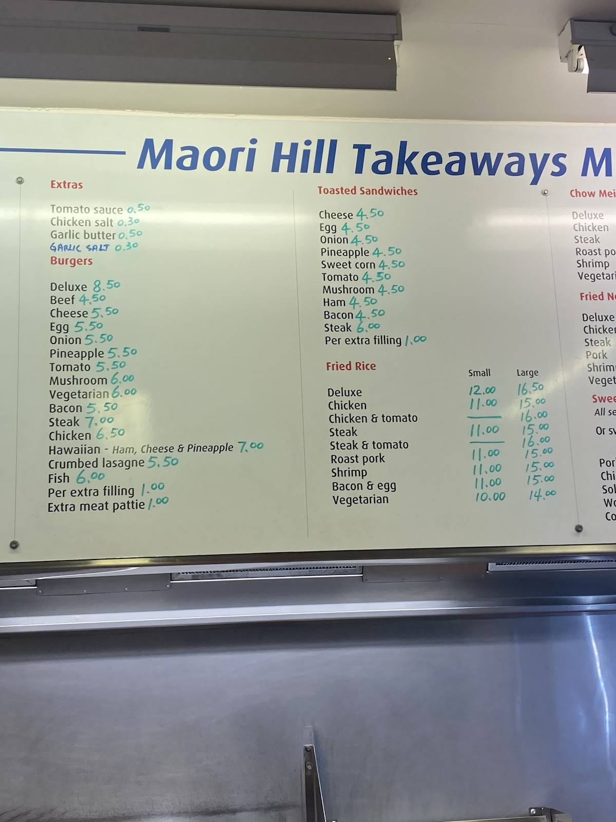 Menu at Māori Hill Takeaways fast food, Dunedin