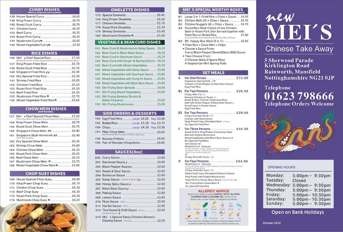 Menu at Mei’s Chinese fast food, Mansfield, 5