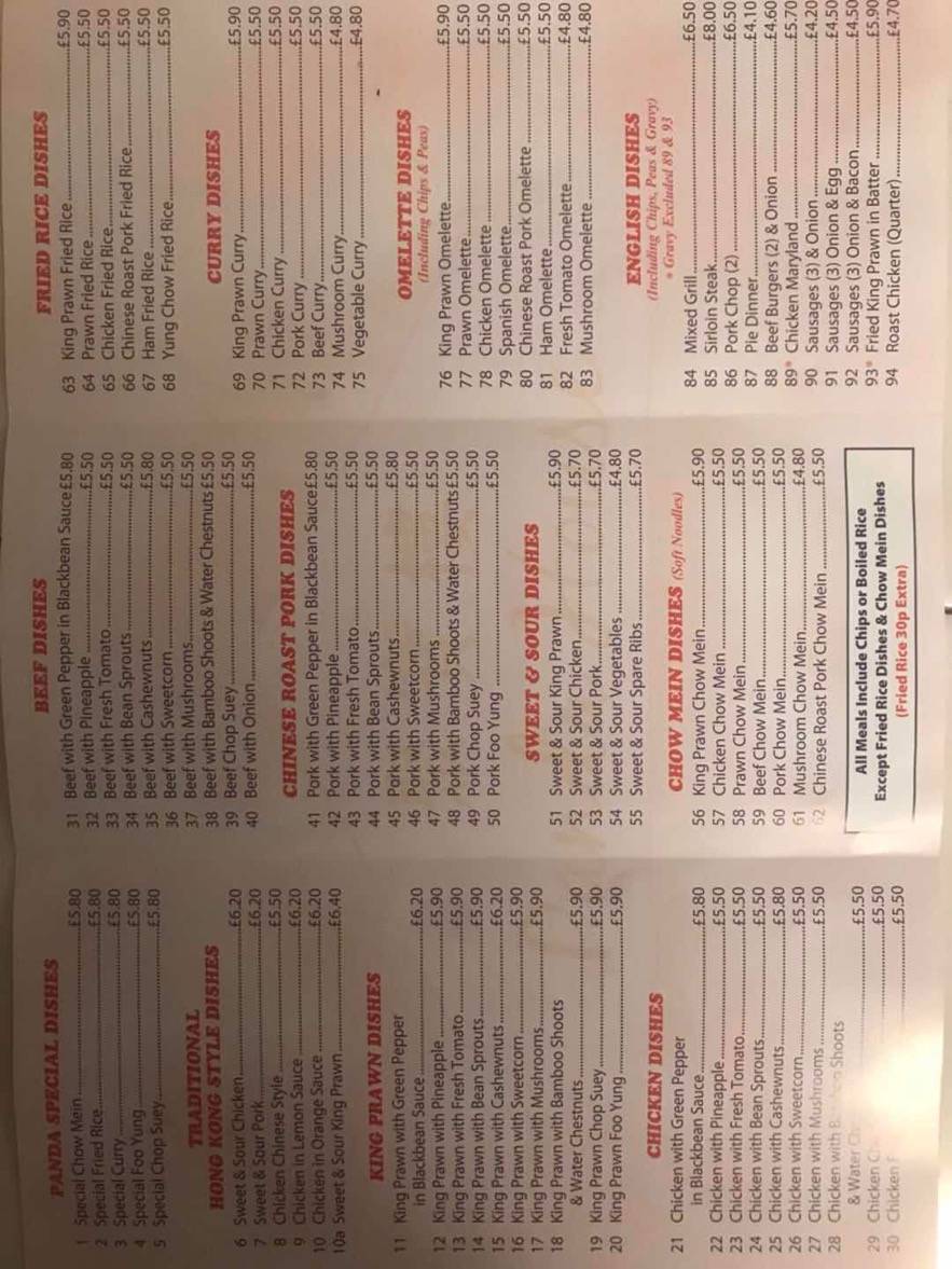 Menu at Panda House fast food, Cleator Moor