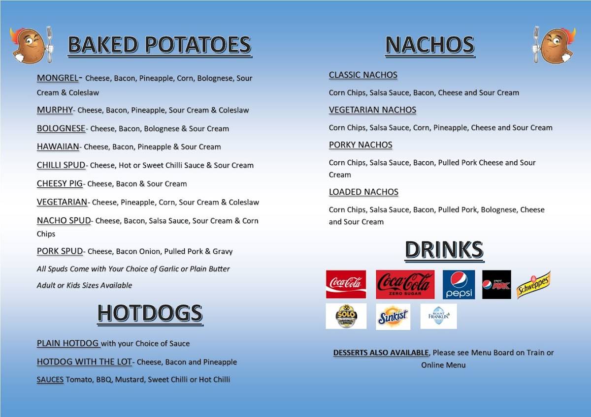 Menu at The Spud Train fast food, Mount Gambier