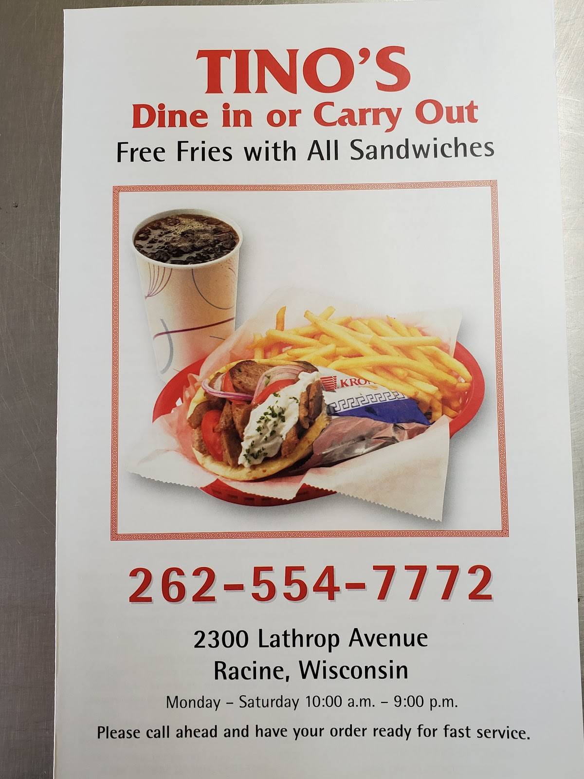 Menu at Tino's Carry Out fast food, Racine, Lathrop Ave