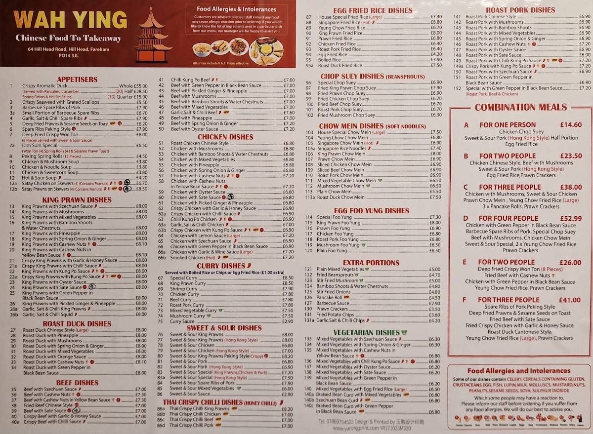 Menu at Wah Ying fast food, Fareham, 64 Hill Head Rd