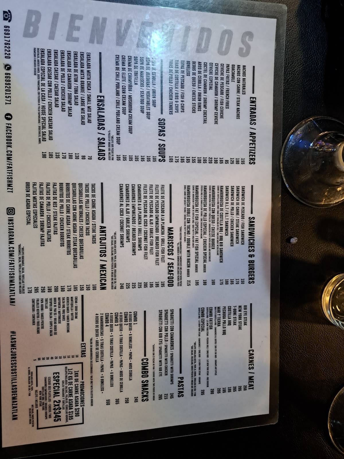 Menu at Fat Fish restaurant, Mazatlán