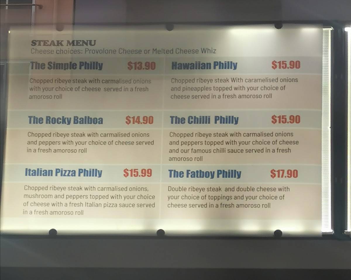 Menu at Fatboys Phillys restaurant, Melbourne