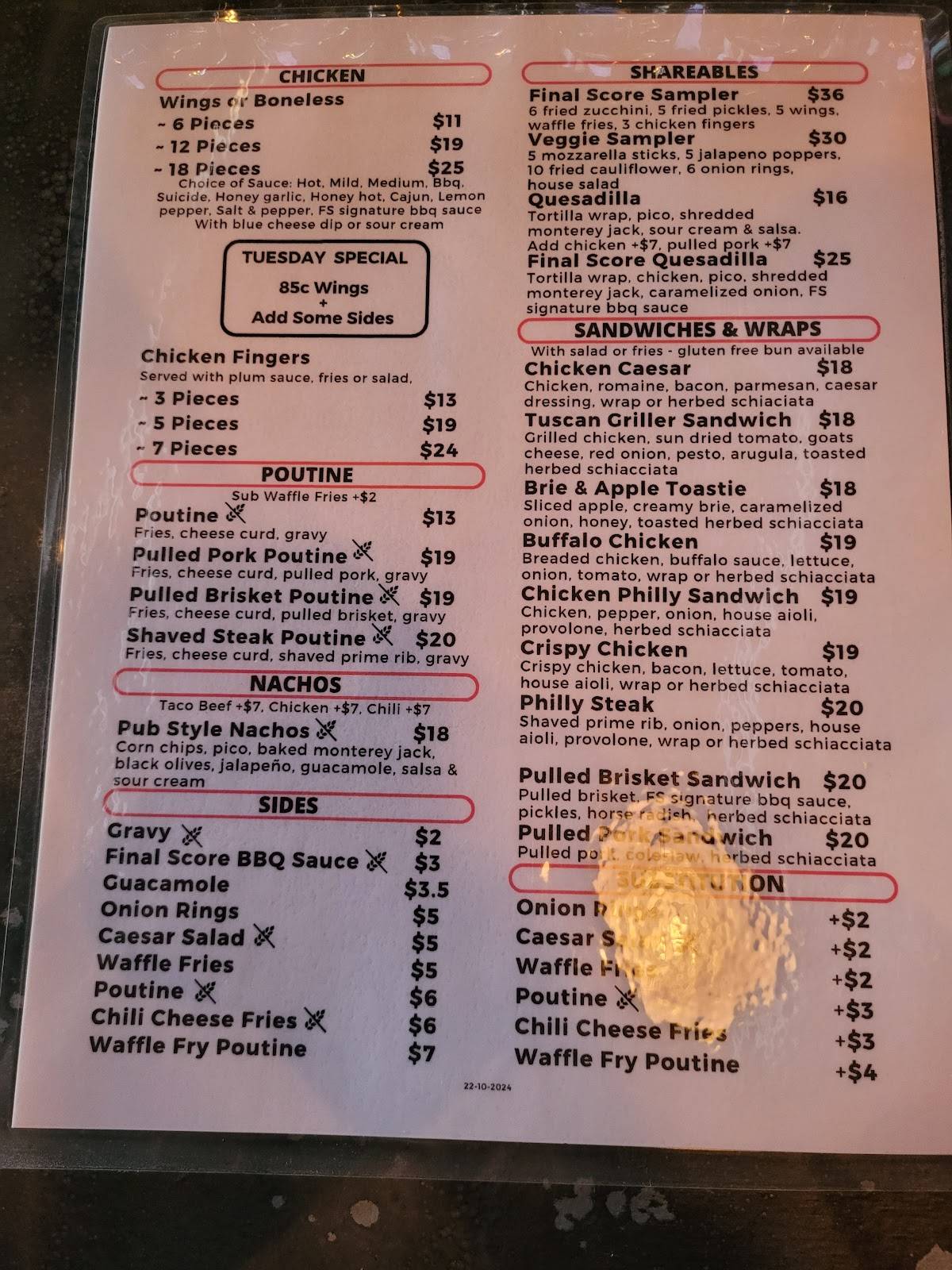 Menu at Final Score Sports Bar Carleton Place, Carleton Place