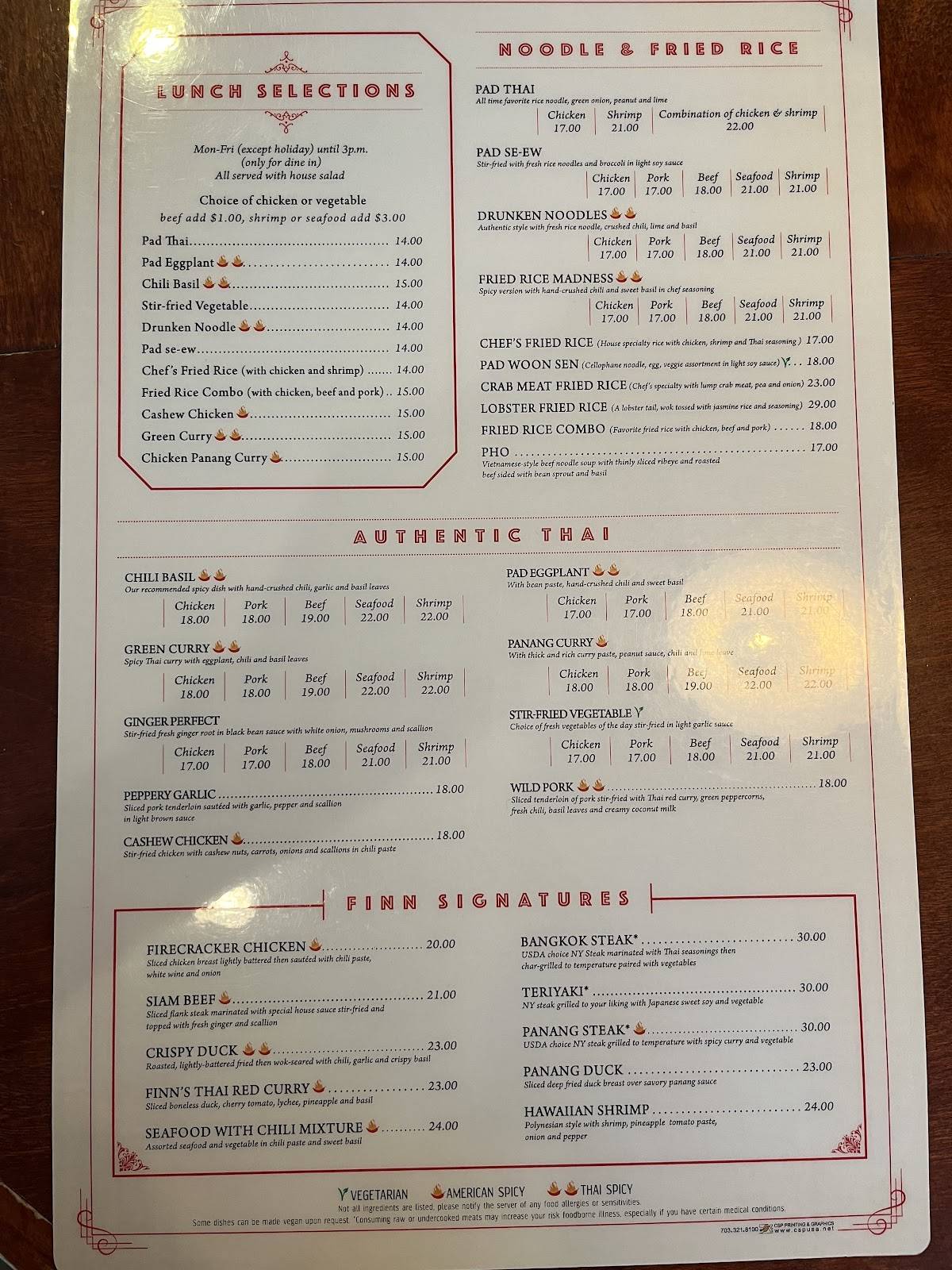 Menu at Finn Thai Purcellville restaurant, Purcellville
