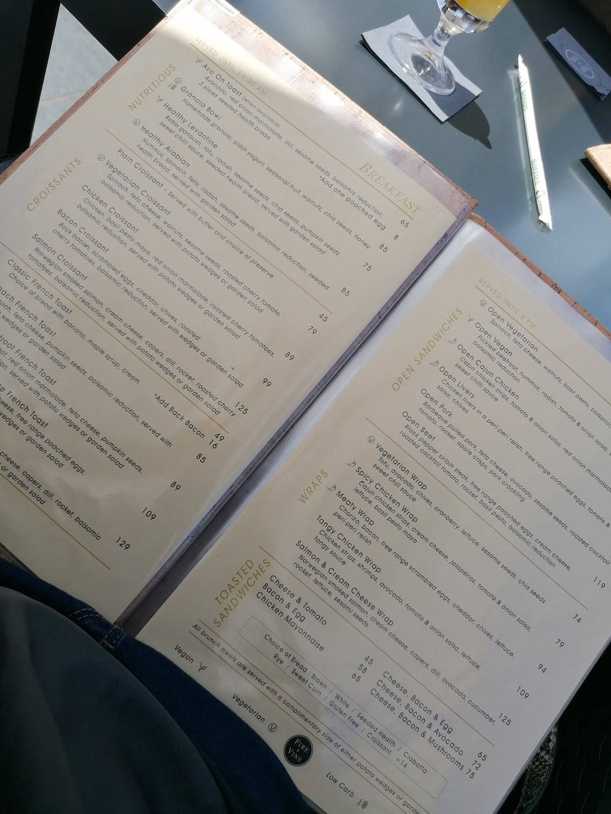 Menu at Fire & Vine restaurant, Pietermaritzburg, Athlone Circle
