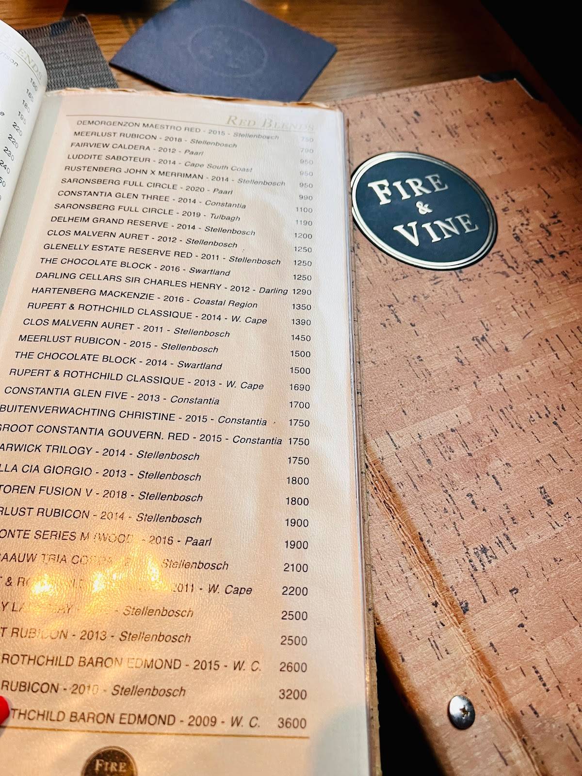 Menu at Fire & Vine restaurant, Pietermaritzburg, Athlone Circle