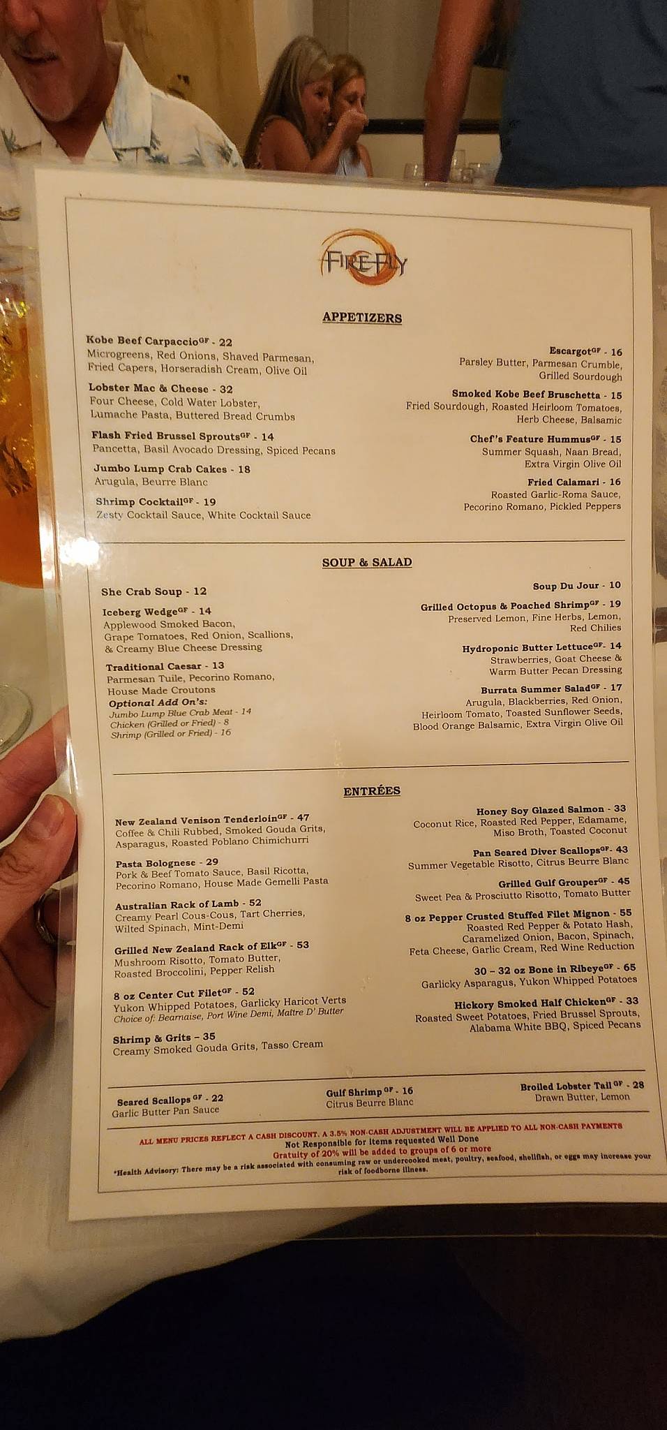 Menu at Firefly restaurant, Panama City Beach