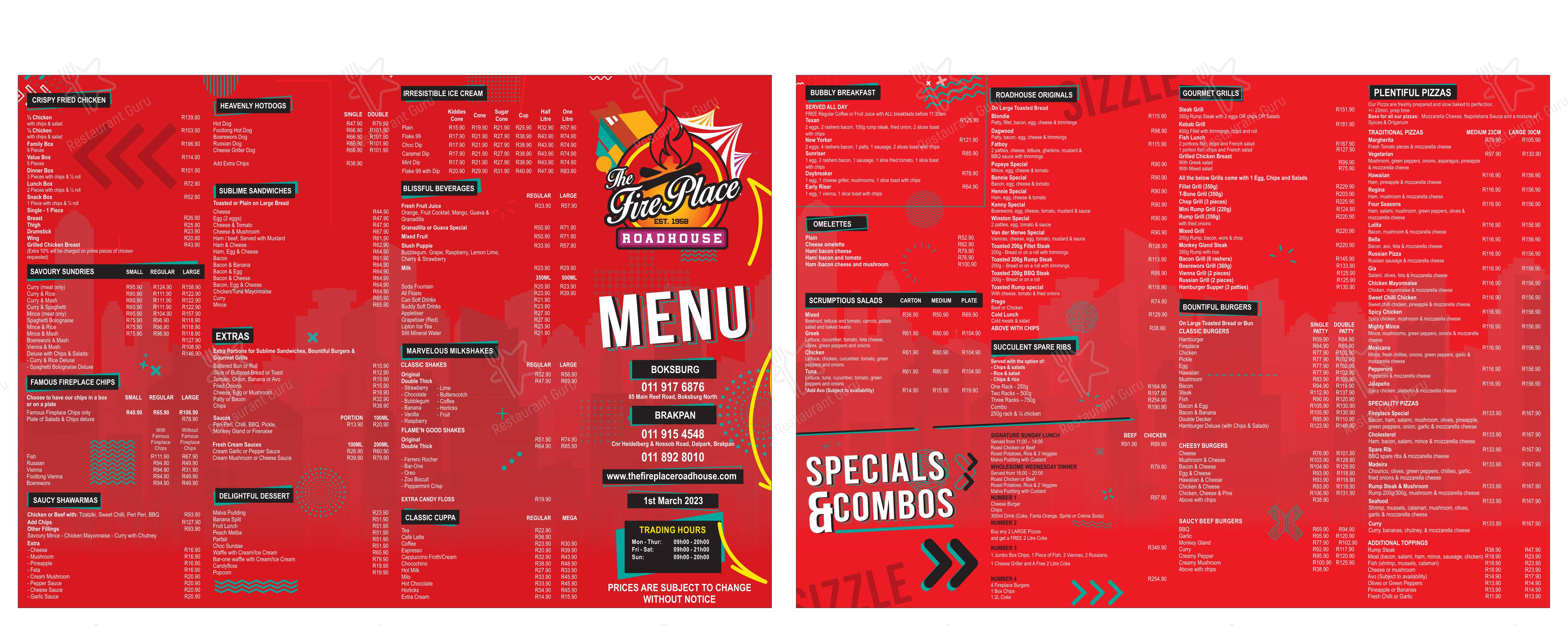 Menu at Fireplace Roadhouse restaurant, Boksburg, 85 Main Reef Road