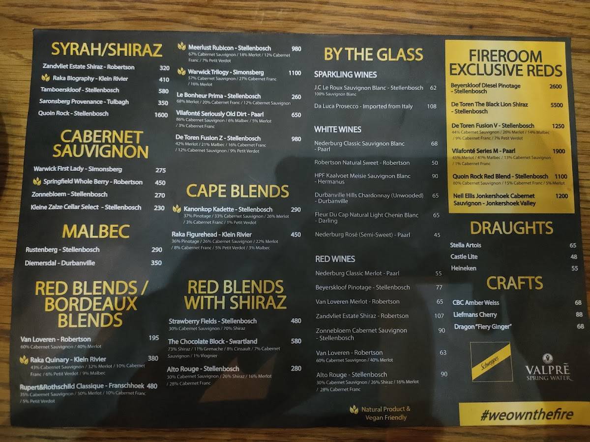 Menu at Fireroom Montecasino restaurant, Randburg, no. 64 Montecasino ...