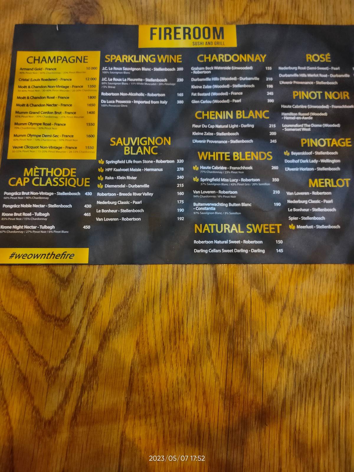 Menu at Fireroom Montecasino restaurant, Randburg, no. 64 Montecasino ...