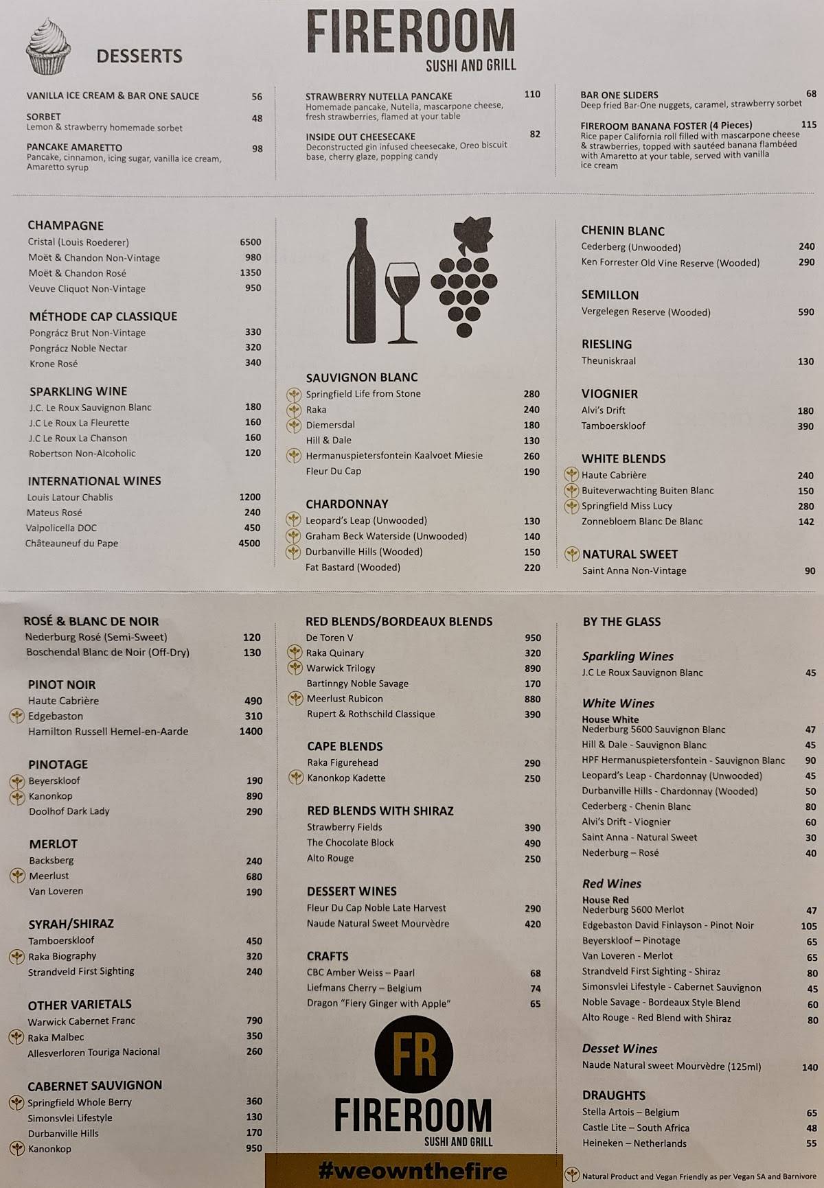 Menu at Fireroom Montecasino restaurant, Randburg, no. 64 Montecasino ...