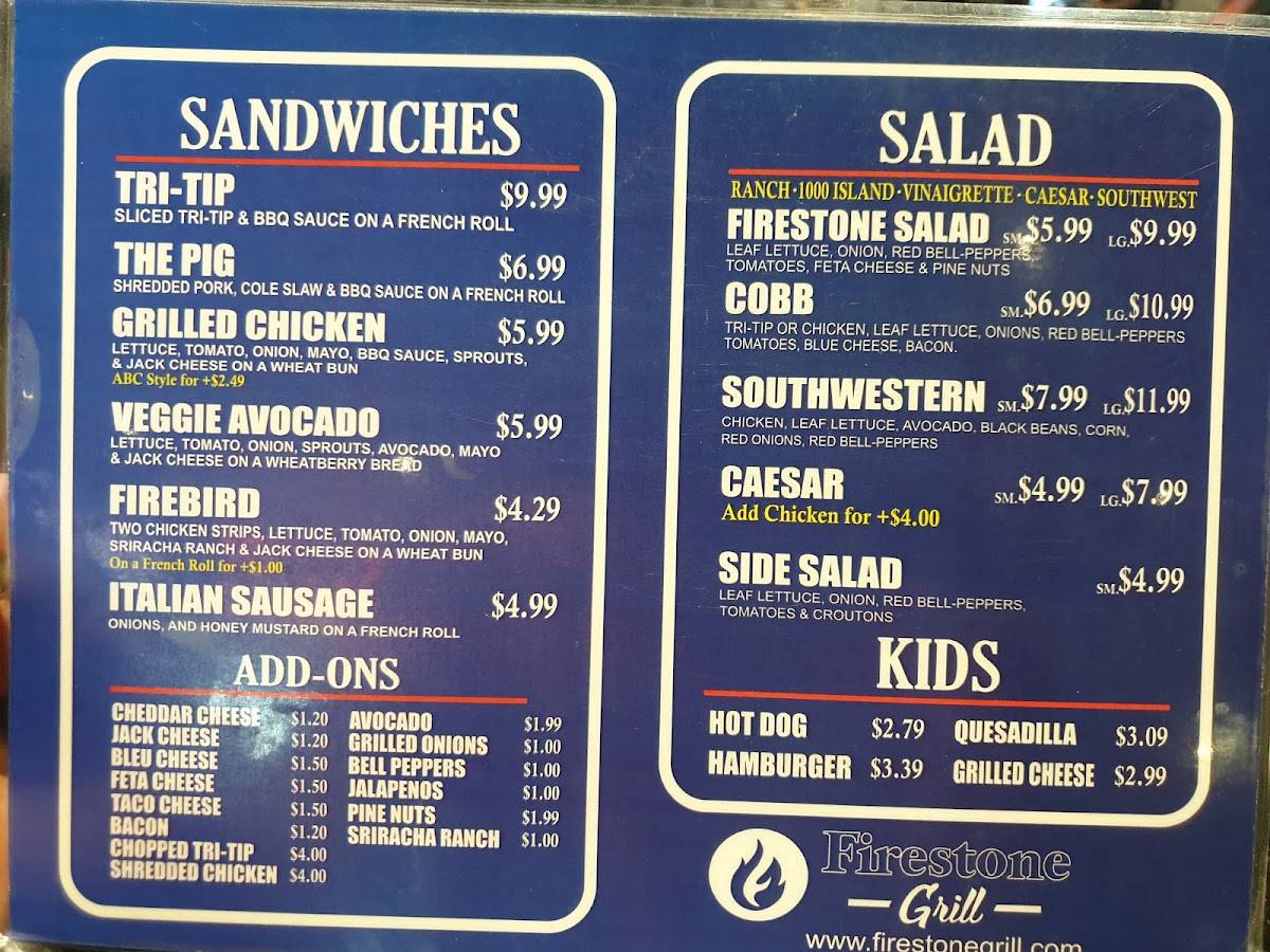 Menu at Firestone Grill pub & bar, Bakersfield, California Ave