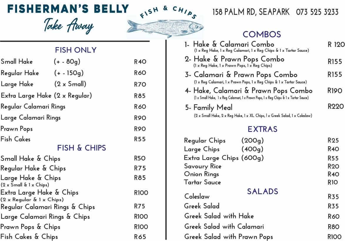 Menu at Fisherman's Belly, South Coast Fish & Chips restaurant, Port ...