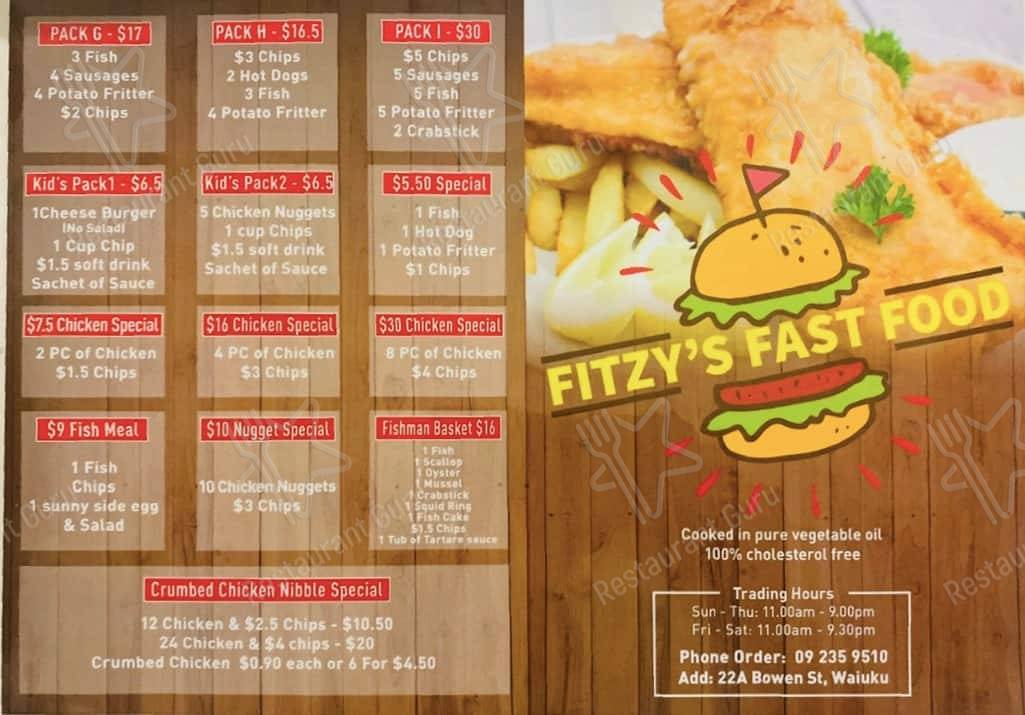 Menu at Fitzy's Fast Food, Waiuku