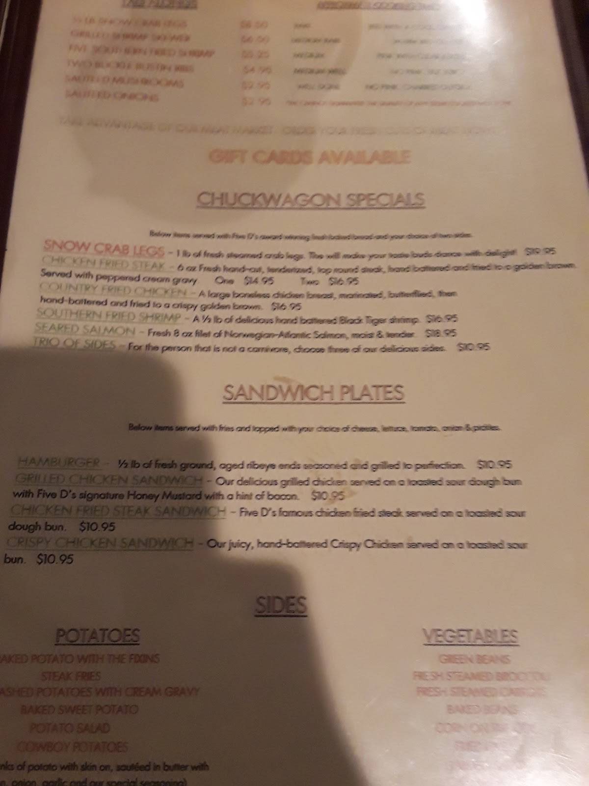 Menu at Five D Cattle Company Steak House & Meat Market steakhouse, Avinger