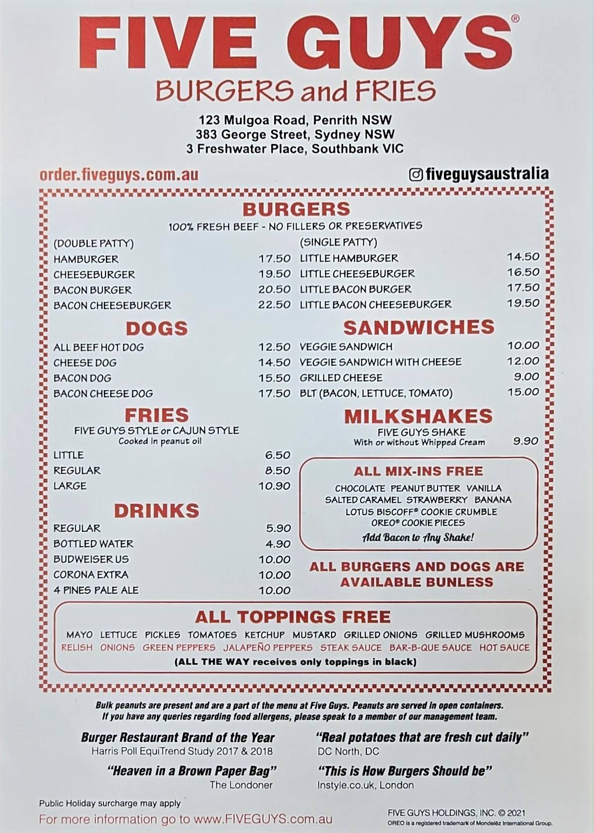 Menu at Five Guys Penrith restaurant, Penrith