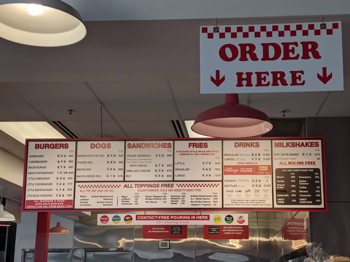 Menu at Five Guys restaurant, South San Francisco, Westborough Blvd