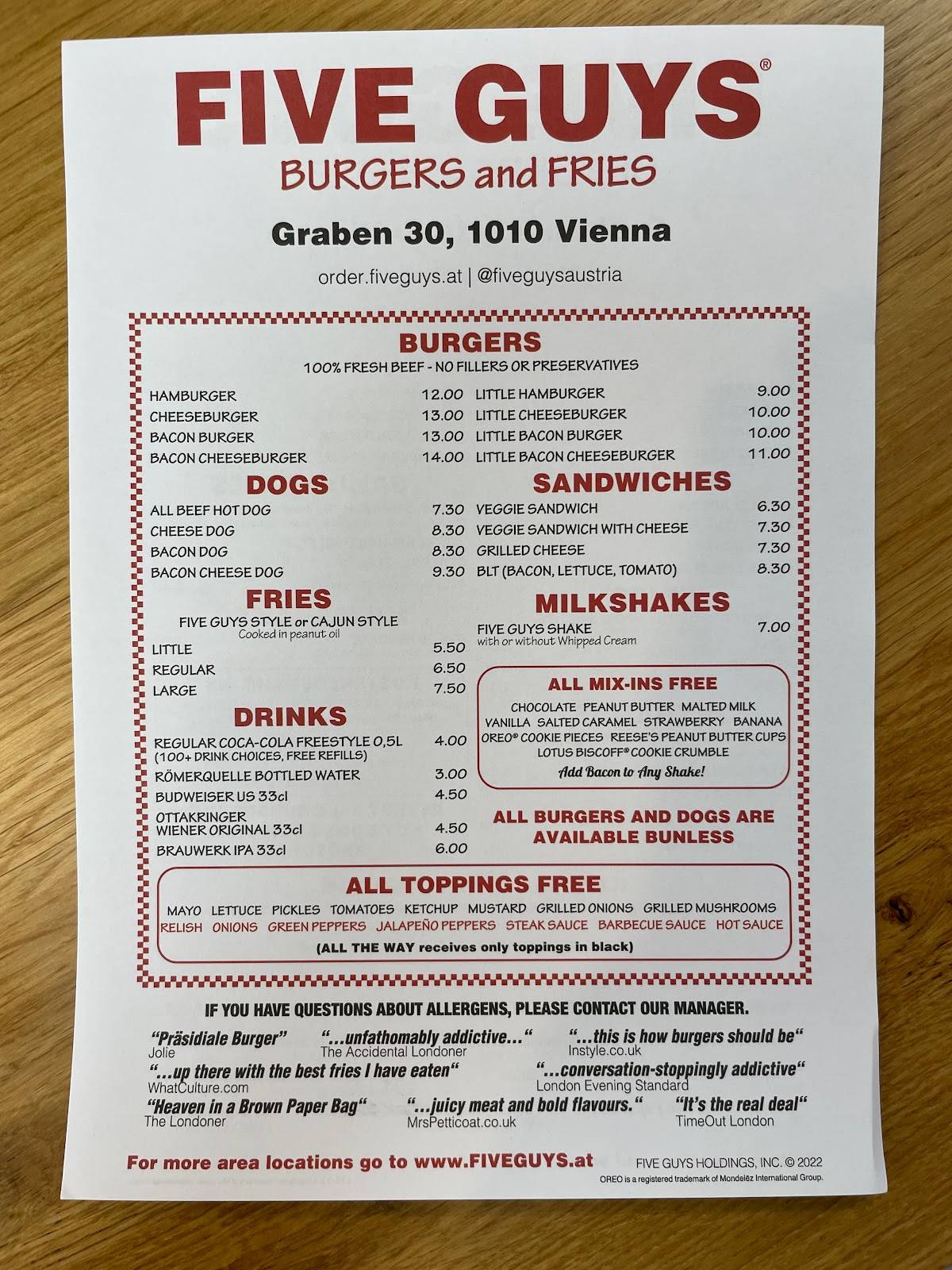 Speisekarte von Five Guys Graben restaurant, Wien, Graben 30