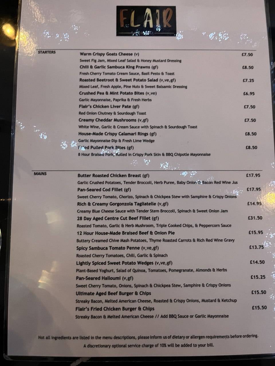 Menu at Flair Bistro restaurant, Coningsby