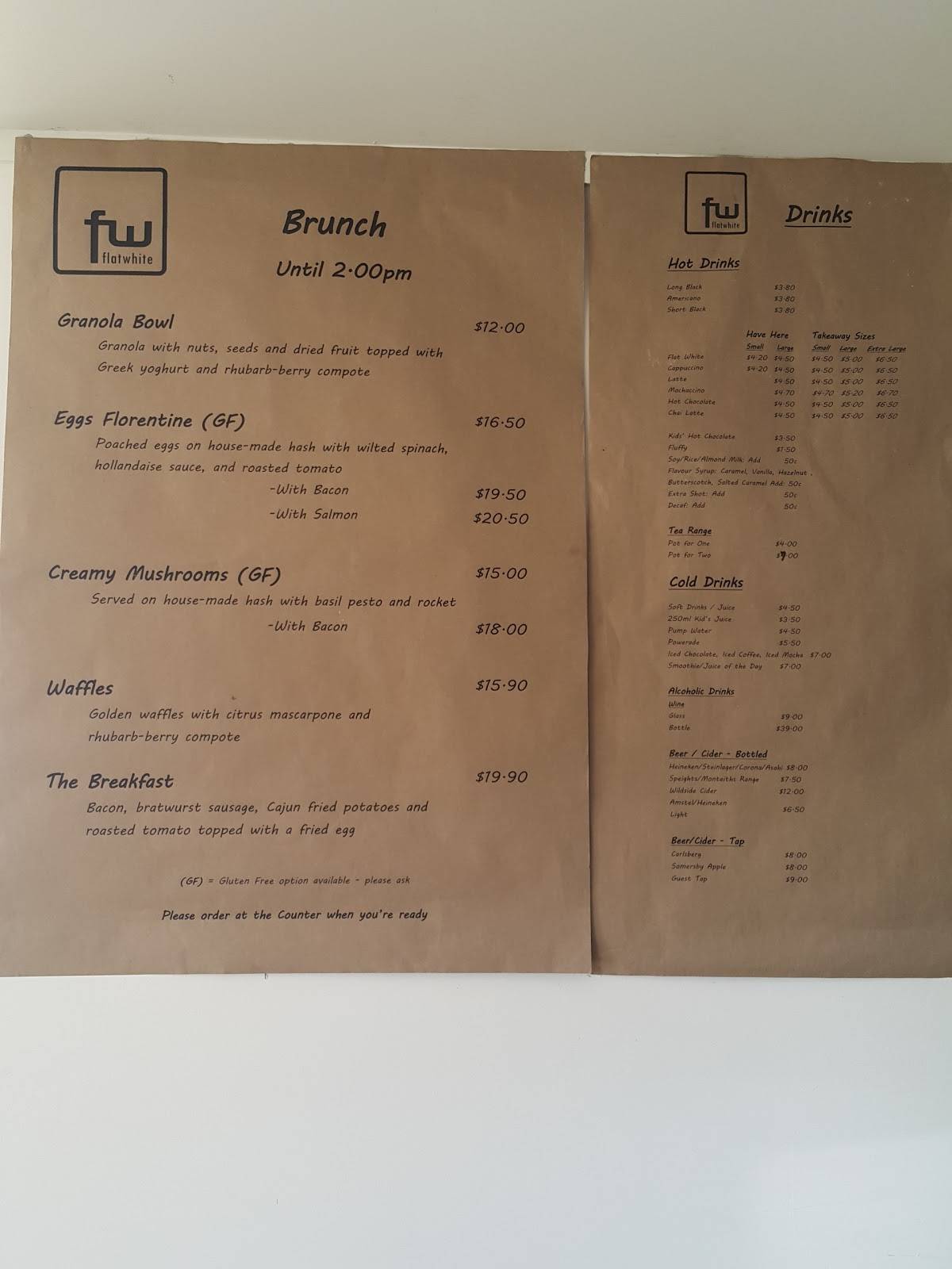 Menu at Flat White Cafe Bar, Pegasus