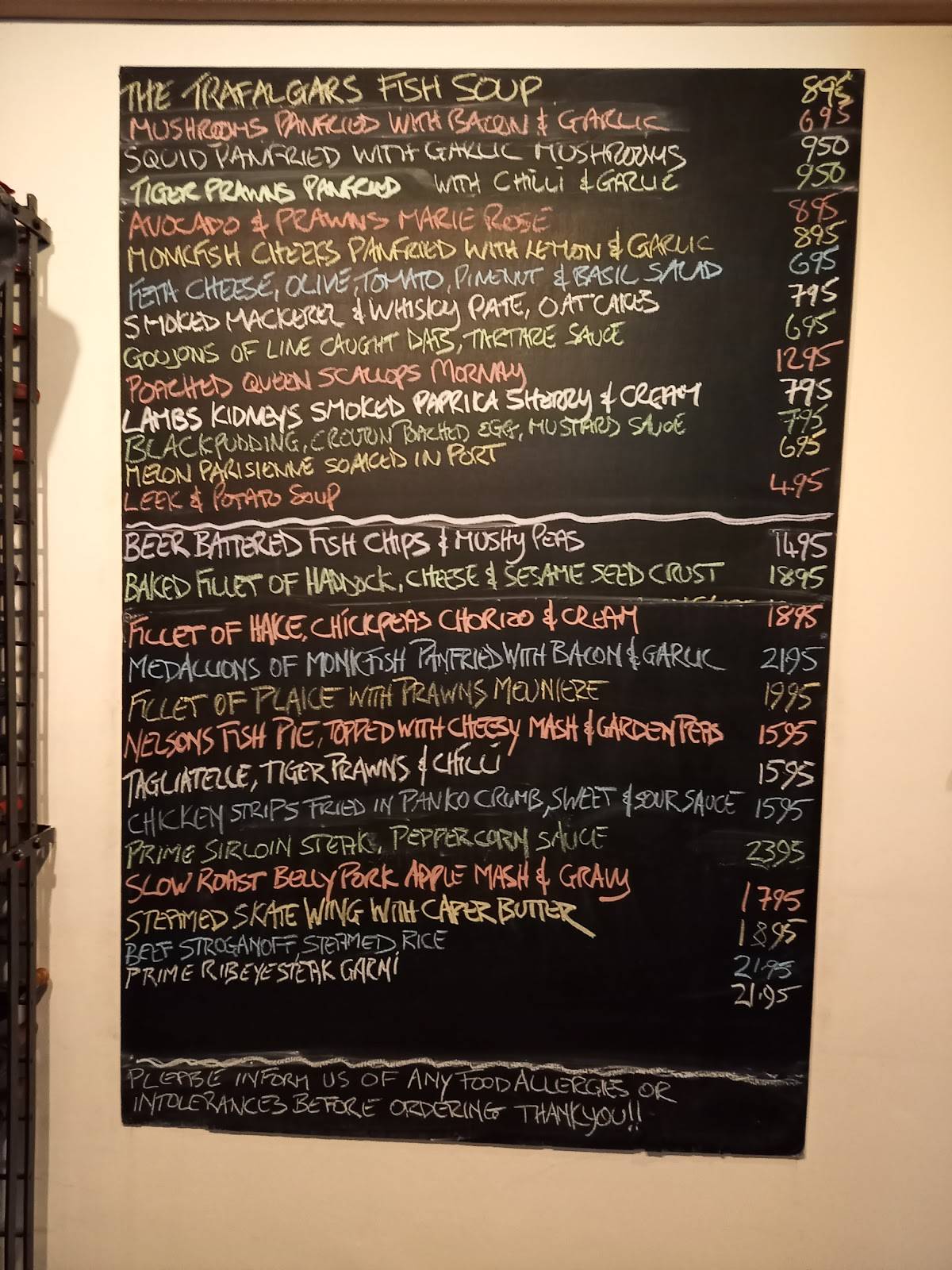 Menu at The Trafalgar restaurant, Fleetwood