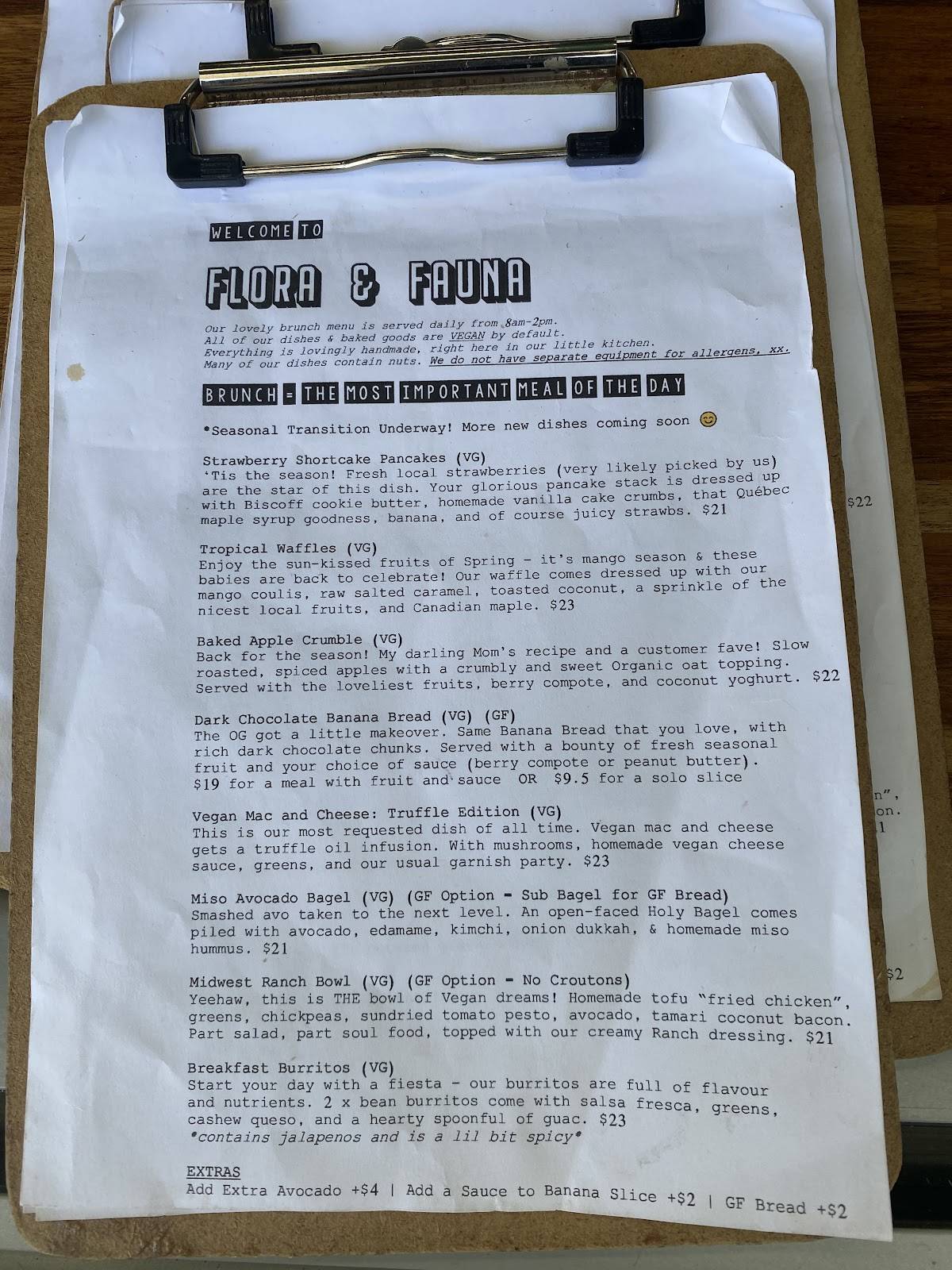 Menu at Flora & Fauna cafe, Perth