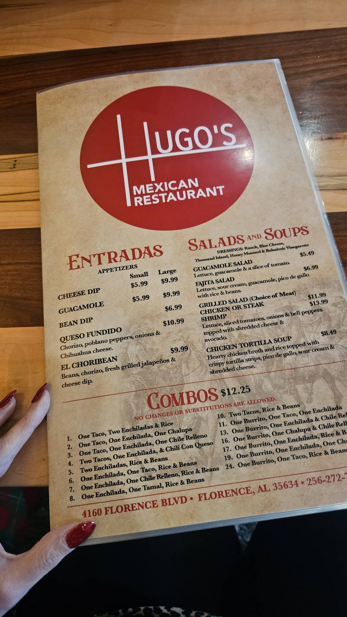 Menu at Hugo’s Mexican Restaurant, Florence