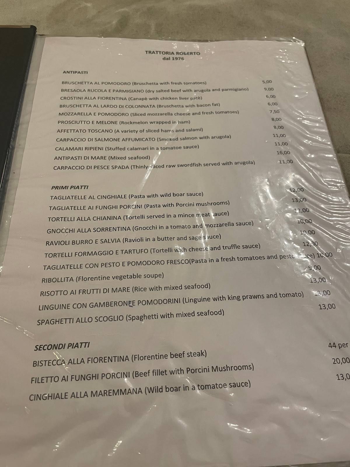Menu at Trattoria Roberto restaurant, Florence