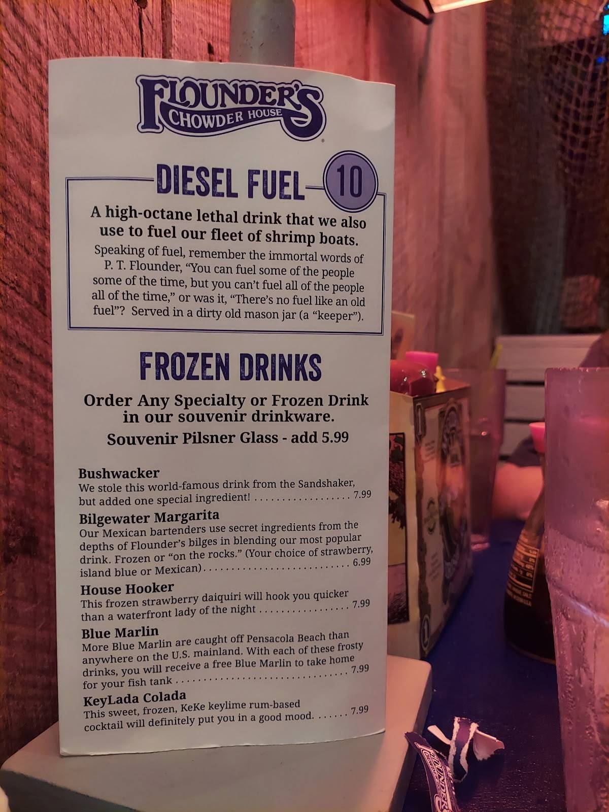 Menu at Flounder's Chowder House pub & bar, Pensacola Beach