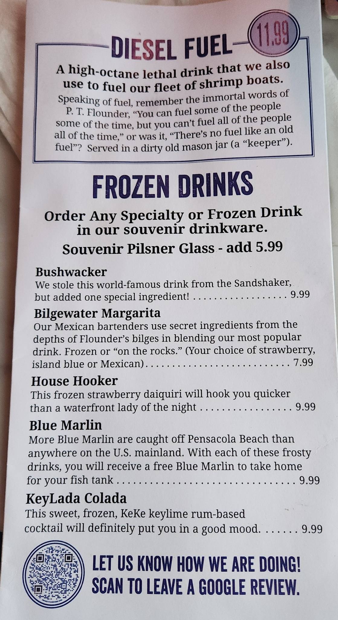 Menu at Flounder's Chowder House pub & bar, Pensacola Beach