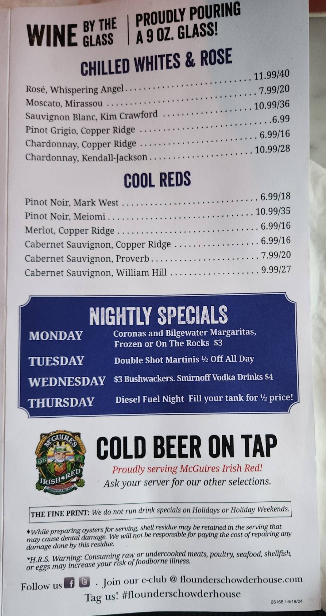 Menu at Flounder's Chowder House pub & bar, Pensacola Beach